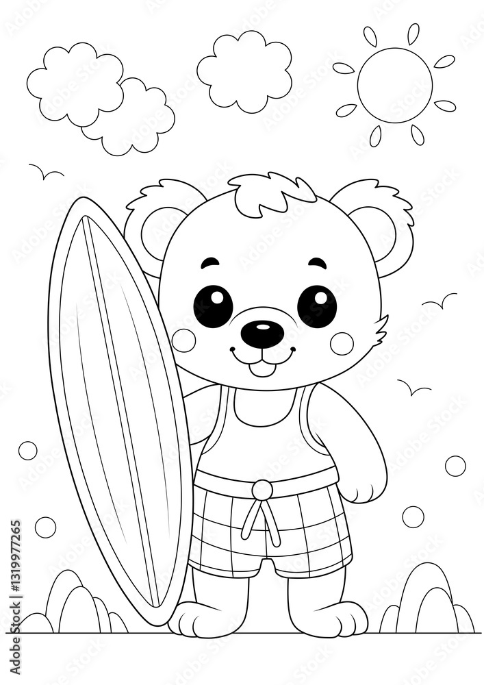 summer coloring page in A4 size, cute cartoon animal holding a ...