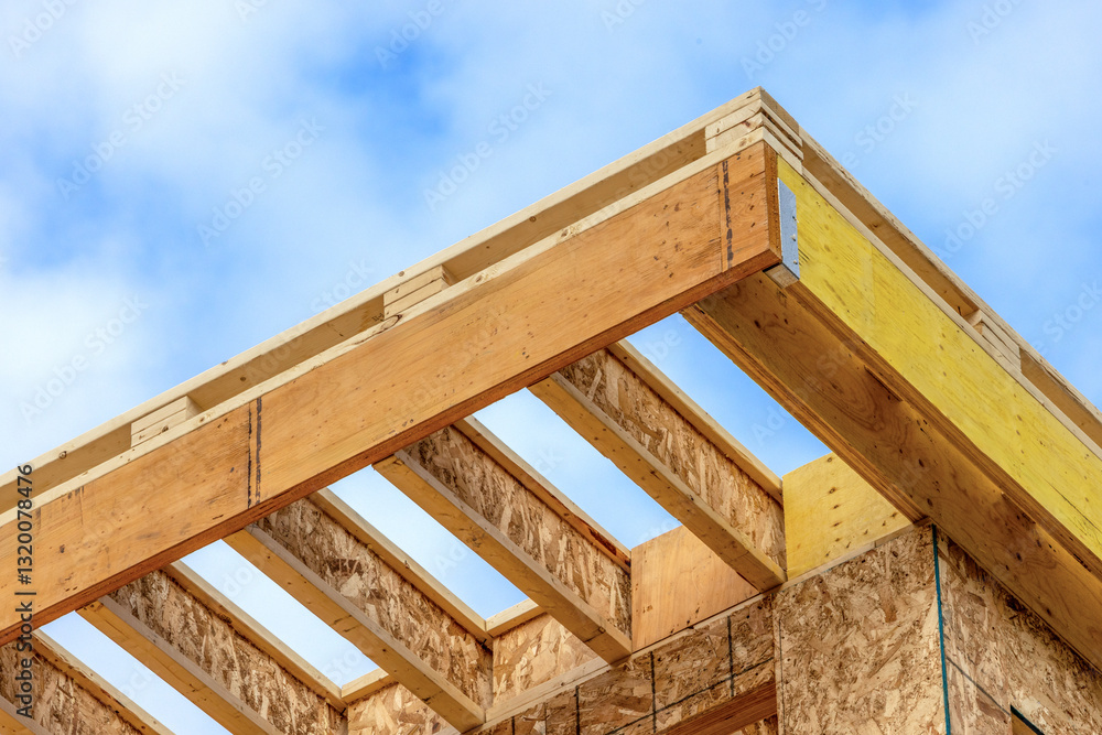 Roof corner construction detail showing engineered wood joists and ...