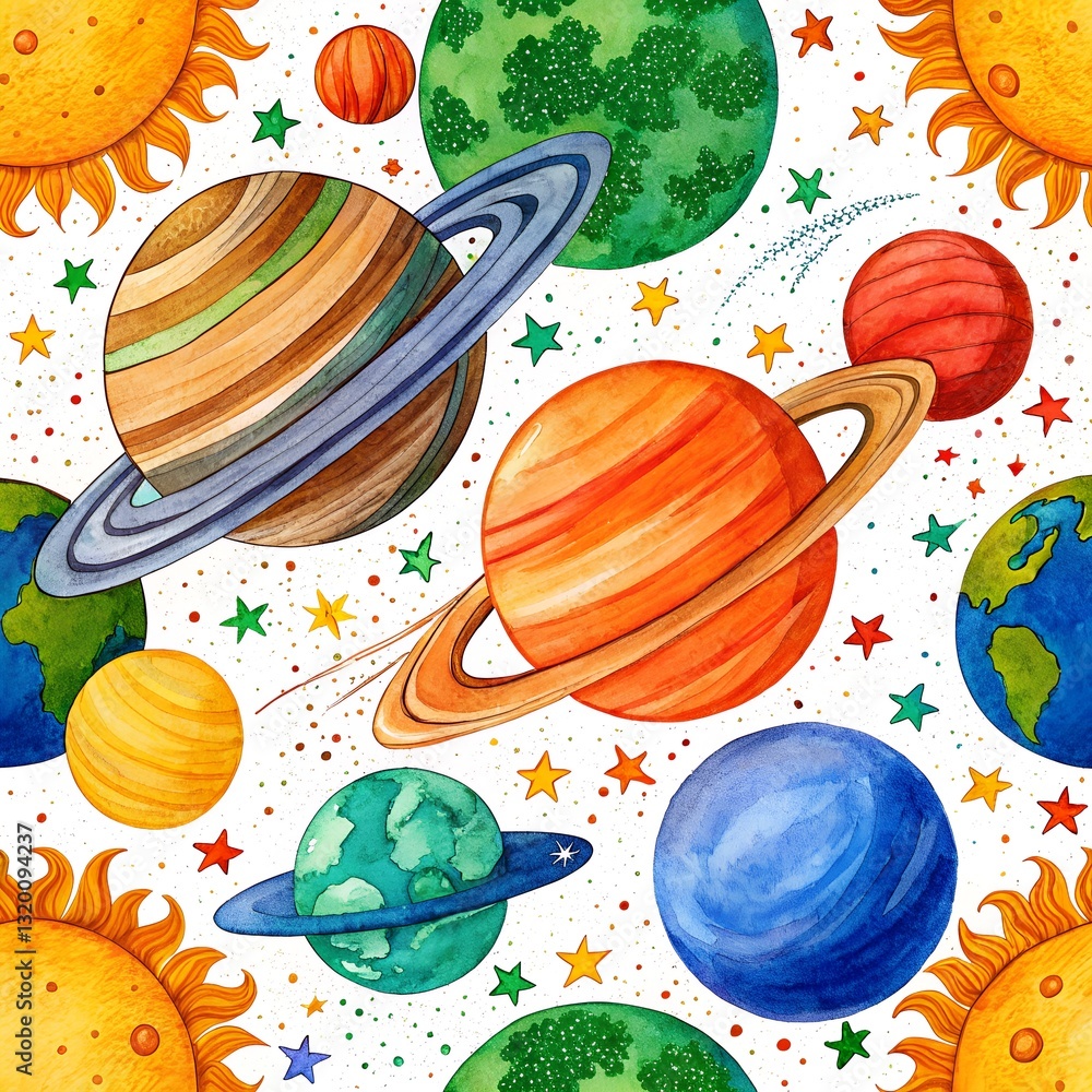 Watercolor seamless pattern cosmos with planets of the solar system ...