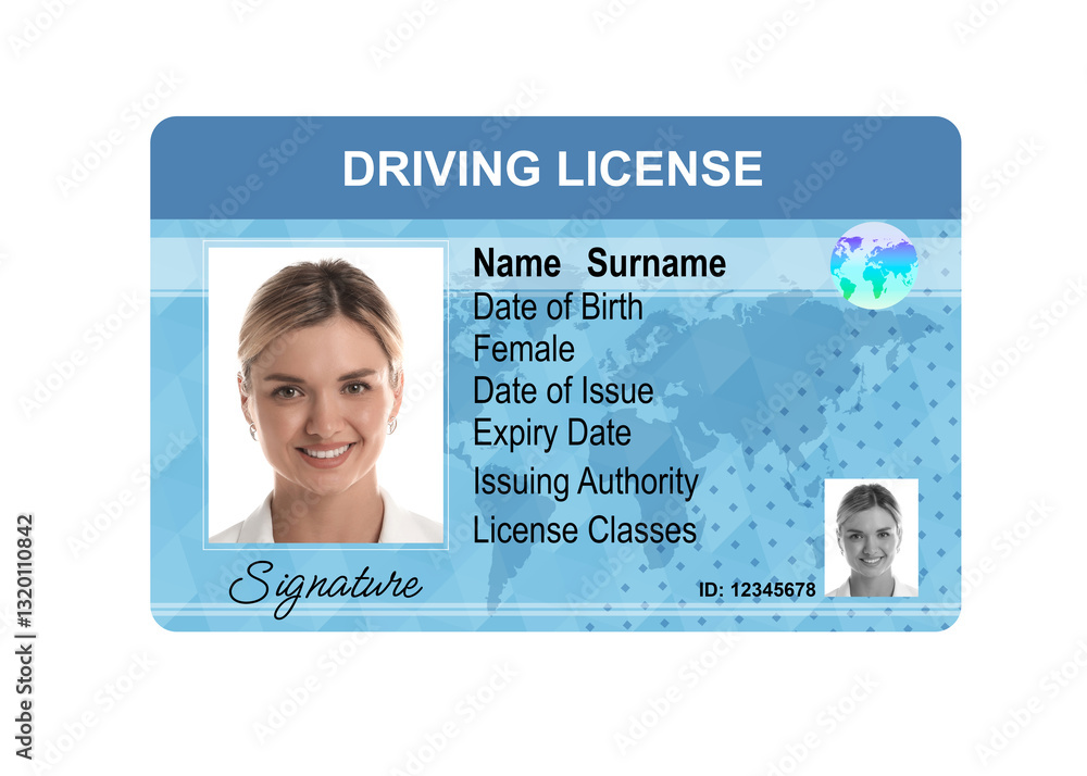 Driver's license with photo of woman and world map illustration ...