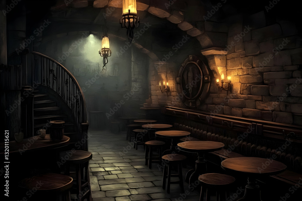 Dark Fantasy Tavern Illustration: Tables and Stools in a dimly lit ...