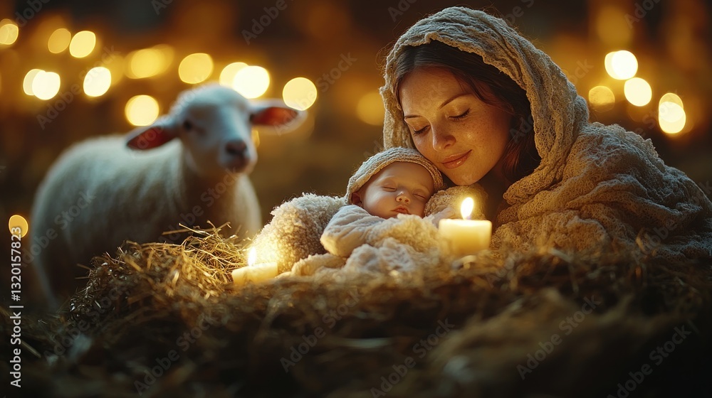 Nativity Scene Mother Mary Baby Jesus Manger Lamb Christmas Birth ...