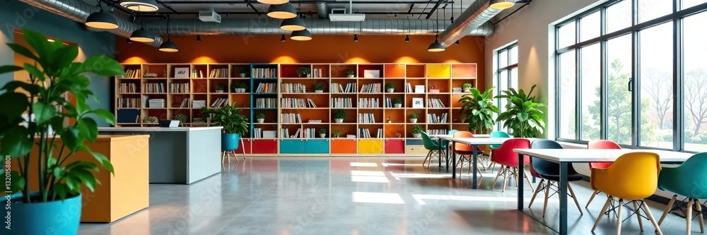 Open-plan office, colorful modular shelving, glass partition , modern ...