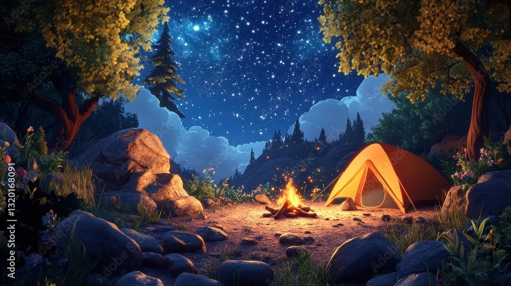 Campfire under the Stars: A cozy campsite comes alive under a starlit ...