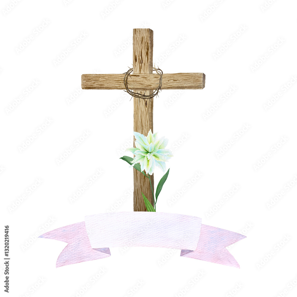 Wooden cross, crown of thorns and lily with empty banner watercolor composition isolated on ...