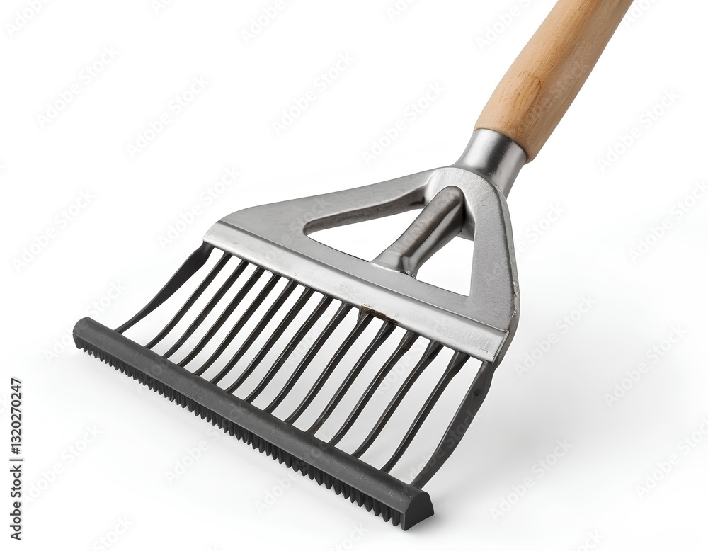 hand rake with curved steel head and wooden grip isolated on white ...