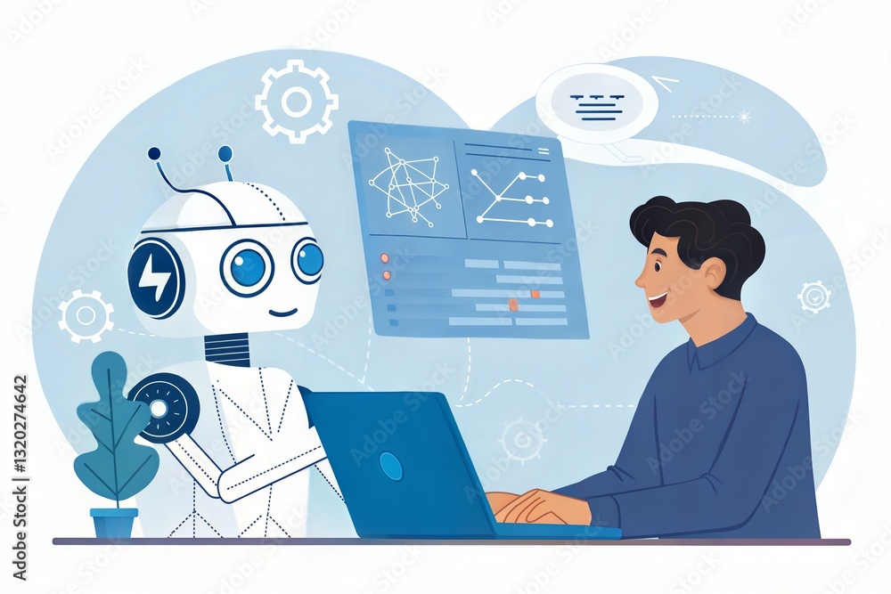 A human interacting with an AI-powered virtual assistant. Concept of AI ...