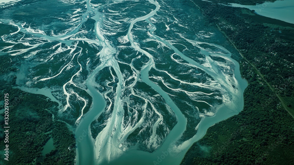 Aerial view of braided river delta. Distinctive patterns of interwoven channels and islands. A ...