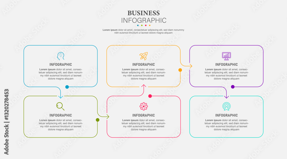 Line step infographic. 6 options workflow diagram, number infograph, process steps chart with ...