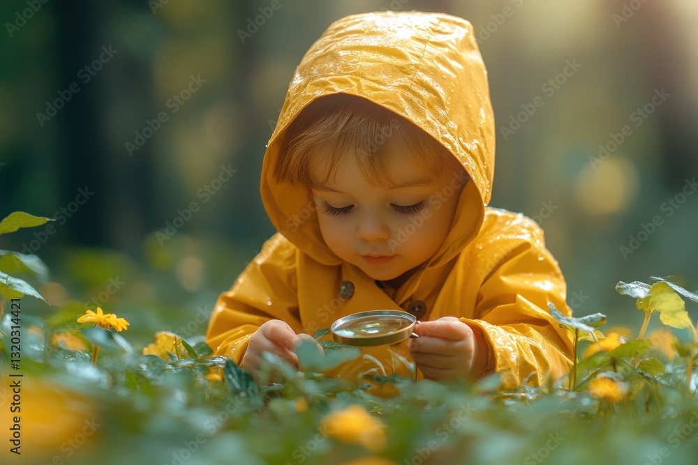Child Exploring Nature with Magnifying Glass in Forest Wearing Yellow ...