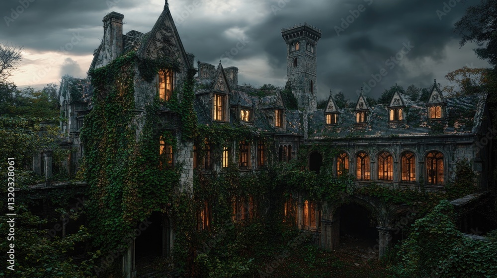 An overgrown and gothic mansion with many illuminated windows Stock ...