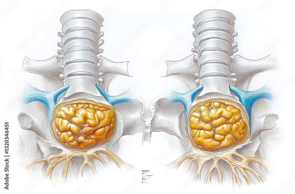 Herniated Disc Anatomy Illustration with Labeled Normal and Slipped ...