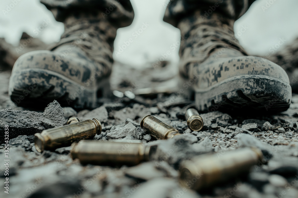 Military boots on rocky terrain with spent bullet casings, combat ...