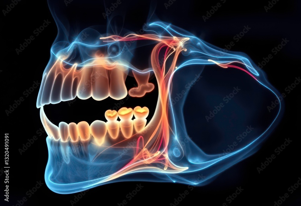 Lateral radiograph showing human teeth and jawbone anatomy, skeletal ...