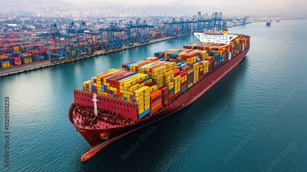 A colossal container cargo ship, a metal behemoth, sat at anchor in a ...