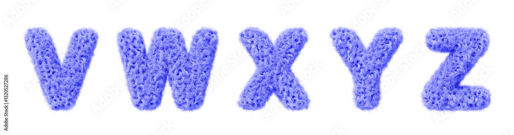 3d blue fur font, fluffy alphabet letters v, w, x, y, z render. Furry ...