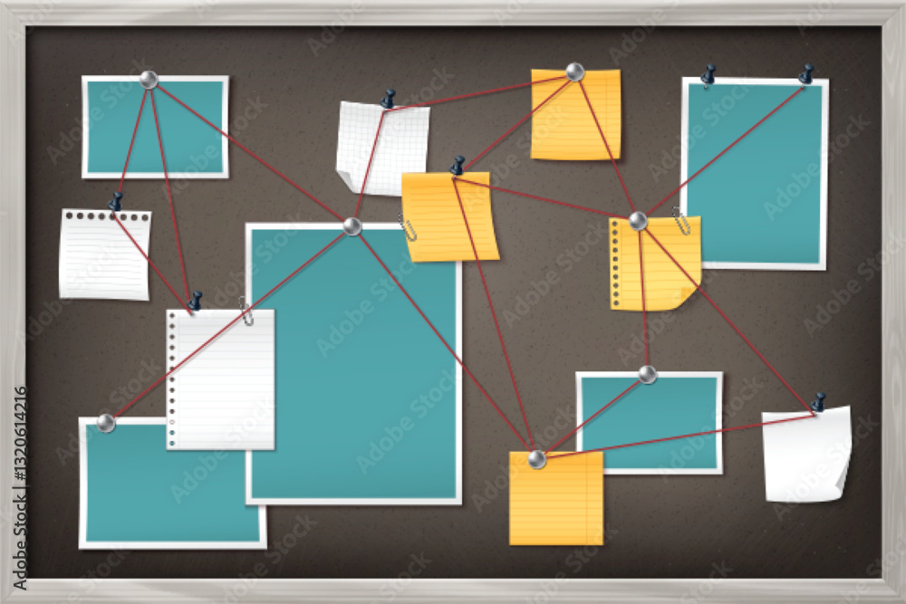 Detective board with pinned blank papers. Vector realistic illustration ...