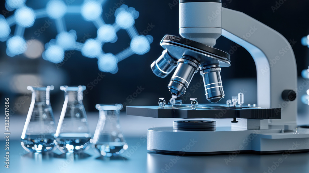 Advanced microscope and glassware set up for scientific exploration in ...