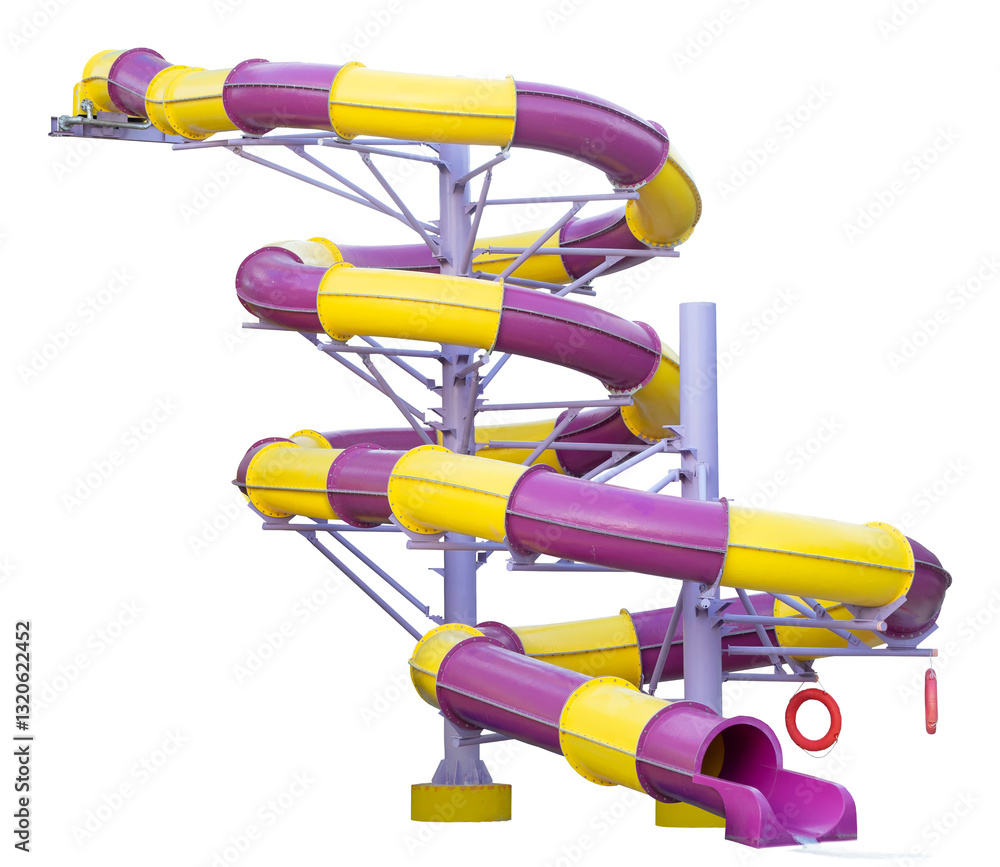 Yellow purple Water Slide Amusement Park. Aquapark pipe. Water park ...