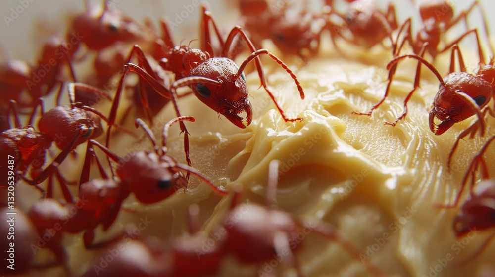 High-resolution macro of red fire ants clustered tightly around a blob ...