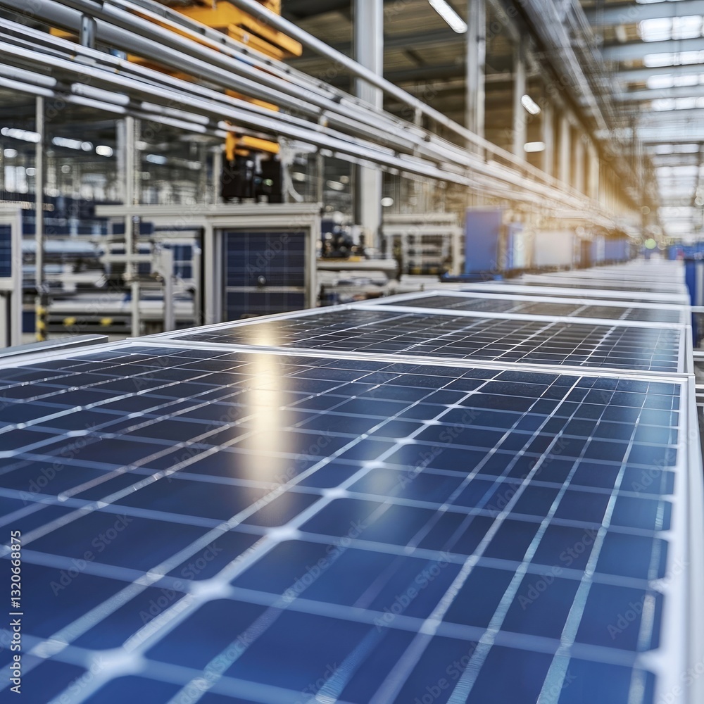 Automated solar panel manufacturing plant with conveyor belts assembling photovoltaic cells ...