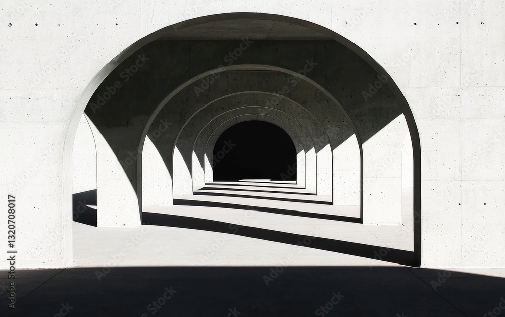 Abstract grayscale image of a receding series of arches creating a ...
