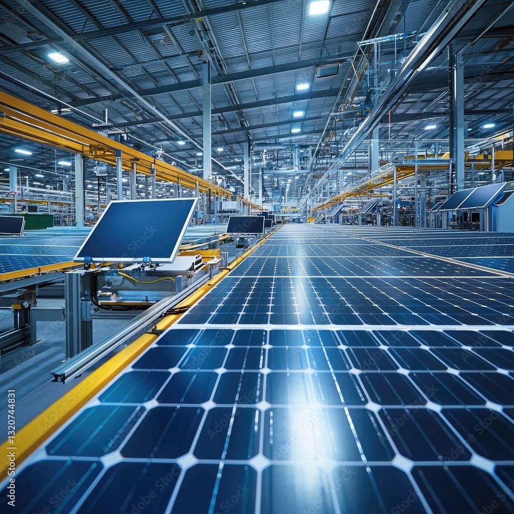 Automated solar panel manufacturing plant with conveyor belts assembling photovoltaic cells ...