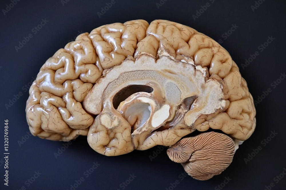 Cross-section of human brain illustrates areas responsible for thought ...