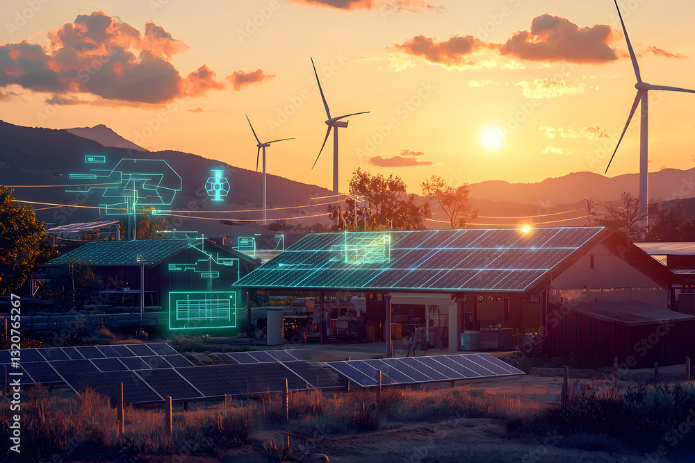 Rural smart grid connected to solar panels and turbines, displayed with ...