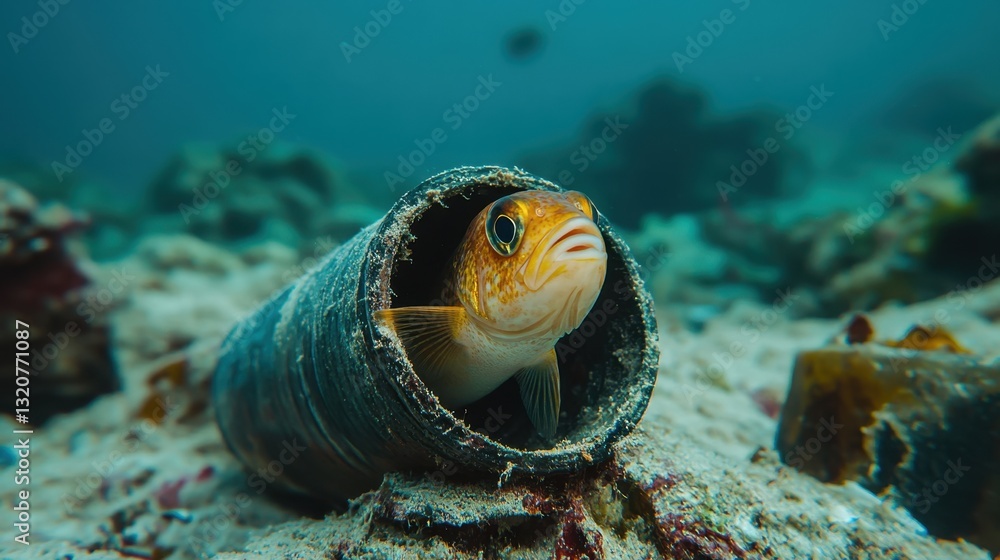 A tiny fish peeks out from an old plastic bottle on the seabed ...
