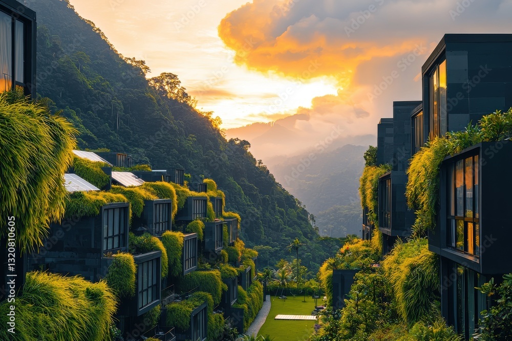 Spectacular mountain resort at sunset, integrating modern architecture ...