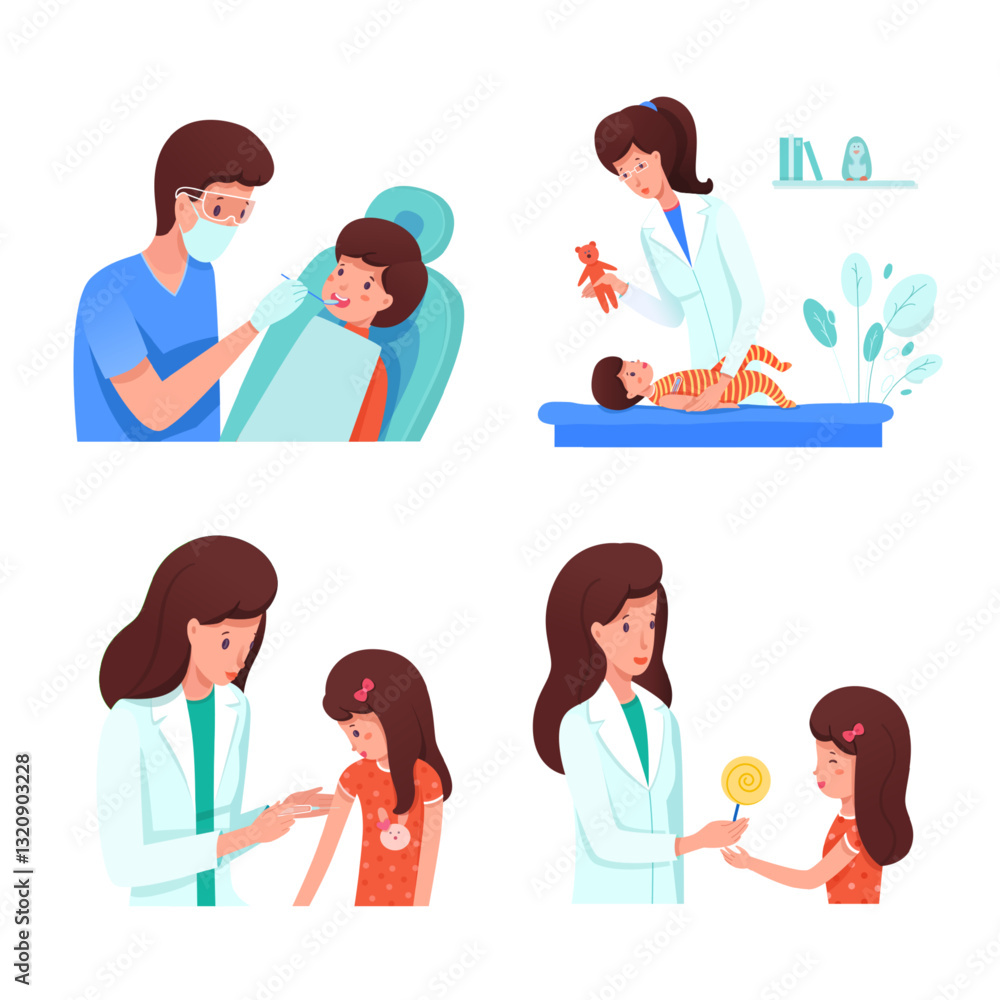 Children health at clinic set. Doctor makes vaccination girl, gives ...