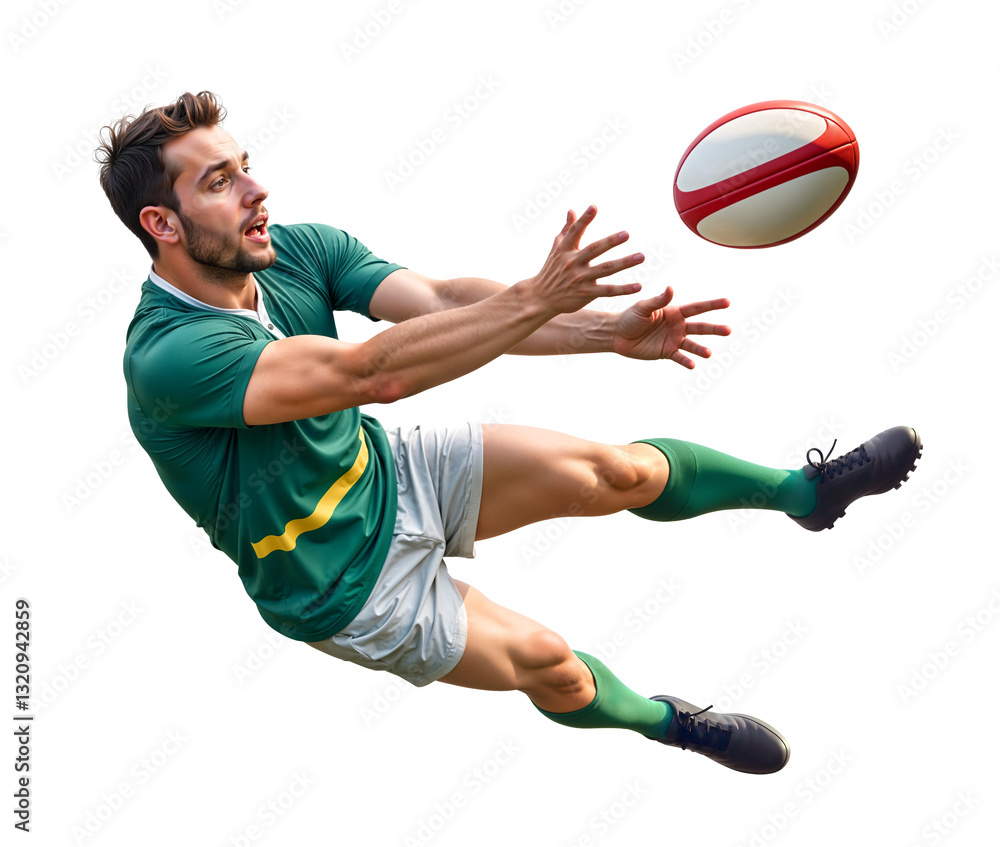 Rugby player making an airborne maneuver to catch a rugby ball Stock ...