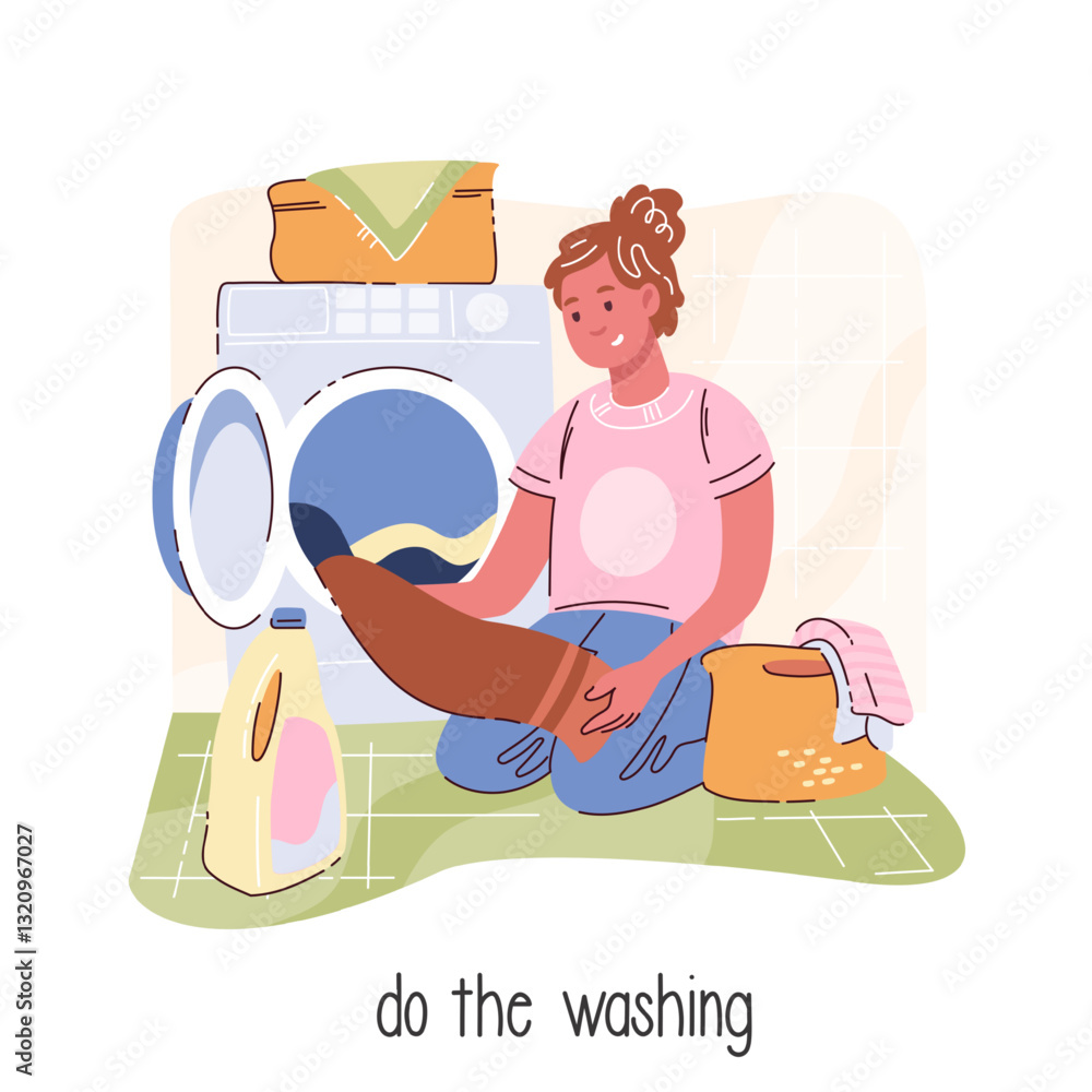 Vector de Stock Woman doing laundry in washing machine cartoon scene ...
