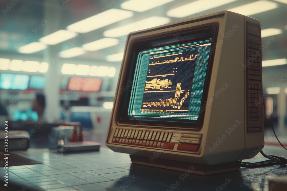 An old vintage computer monitor displays lines of yellow code on a blue ...