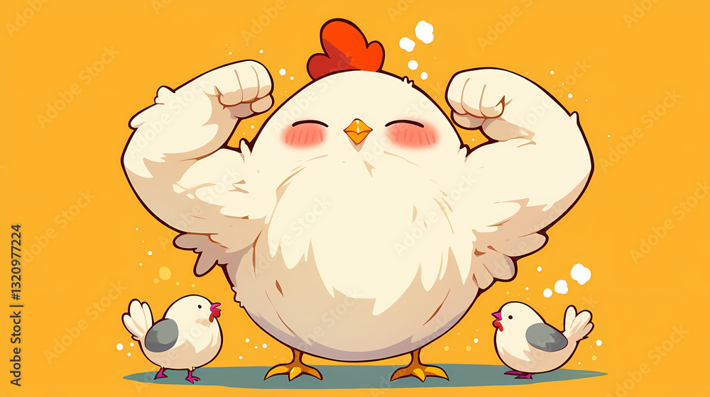 Cartoon chicken flexing muscles proudly with two smaller chicks on a ...
