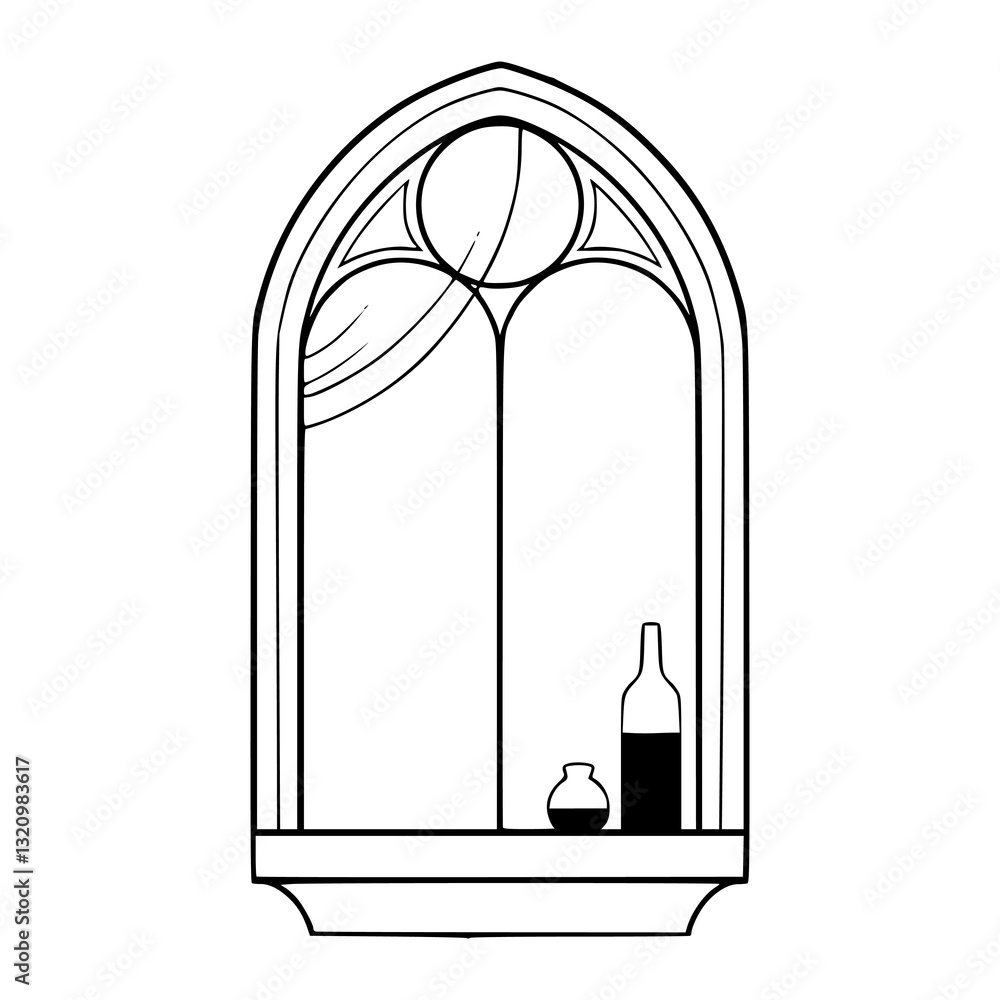 gothic window with bottle and cup line art vector illustration Stock ...