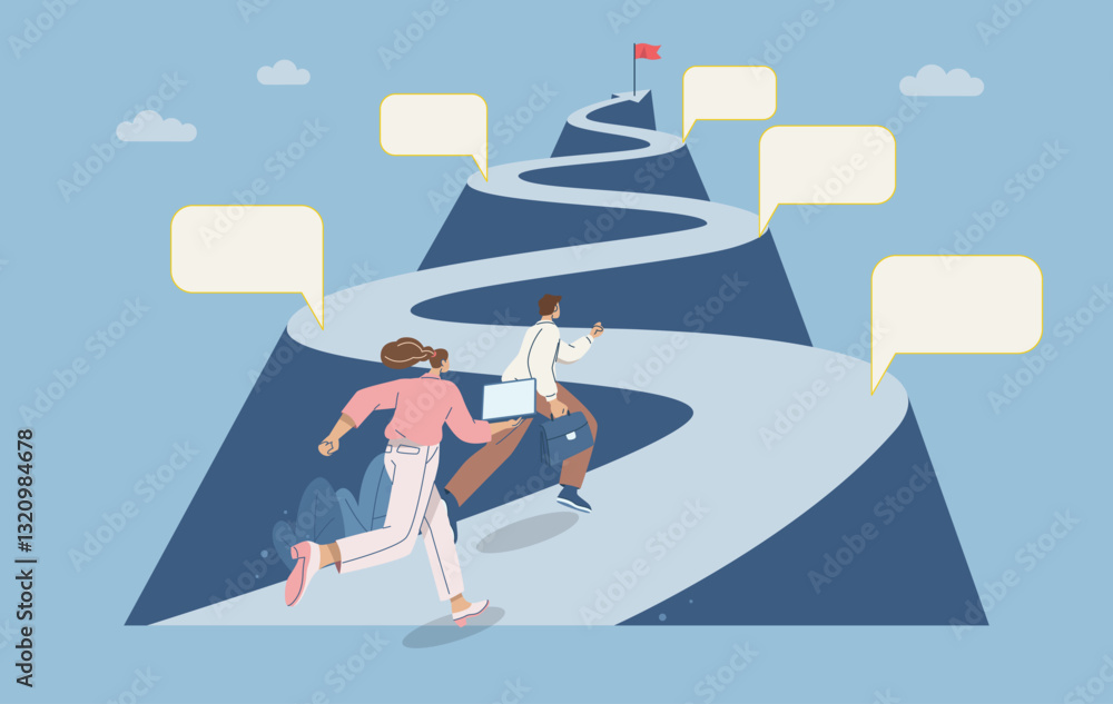 Project timeline, Roadmap, Businessman runs up steep road with a red ...