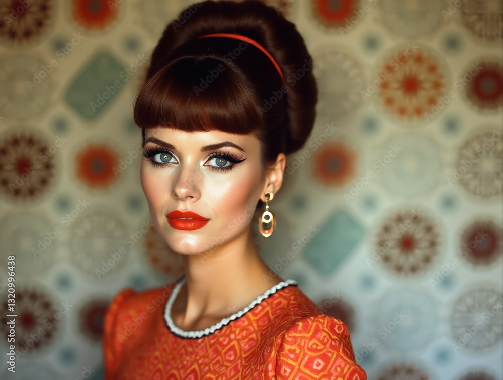 Fashion model posing with 1960s mod style, beehive hairstyle and bold ...