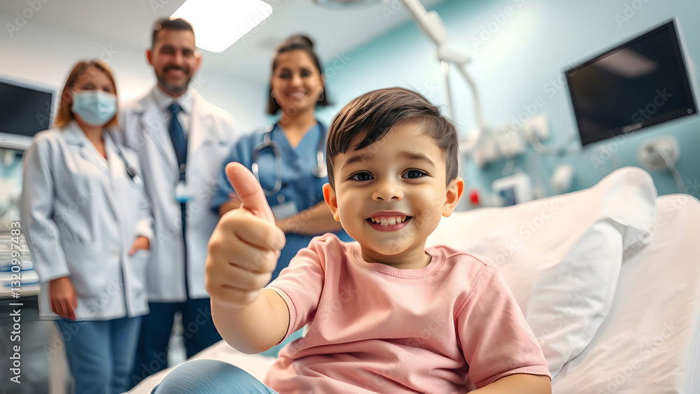 Happy boy sits in a hospital bed,smiling and giving thumbs-up,Behind ...