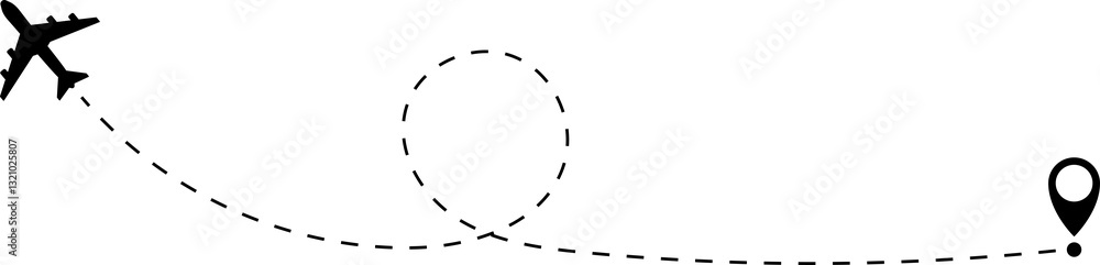 Airplane line path icon of air plane flight route with start point and ...