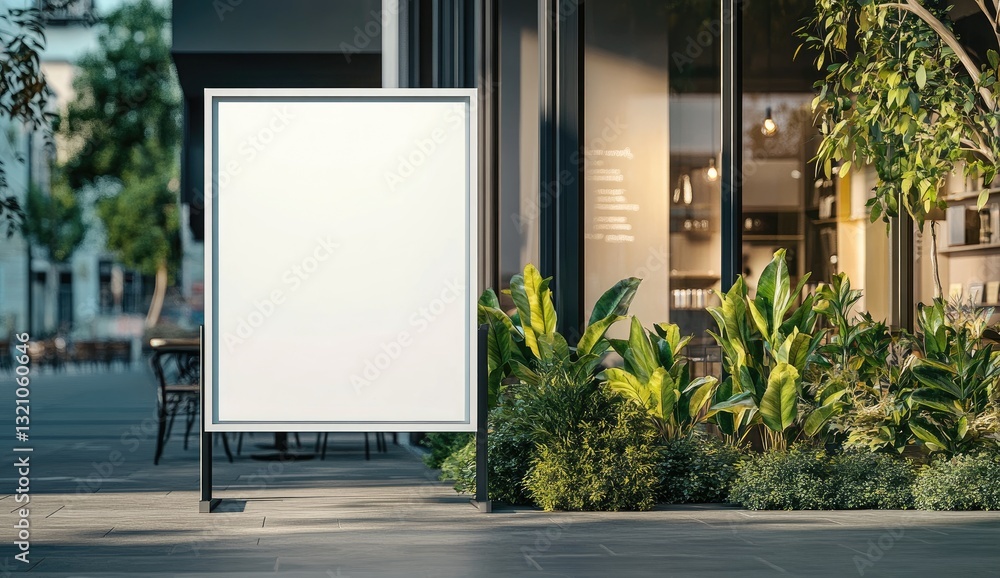 Blank vertical advertisement board outside a modern cafe. Outdoor ...