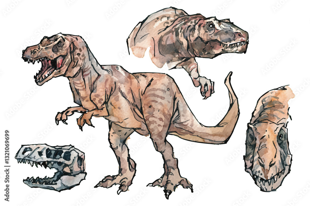 watercolor painting and Ink sketch of a T-Rex dinosaur Stock Vector ...