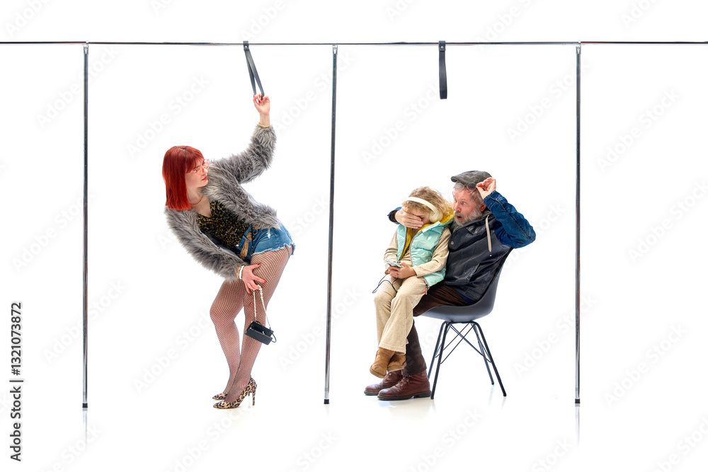 Child sitting with elderly man shielding their eyes as woman in short ...