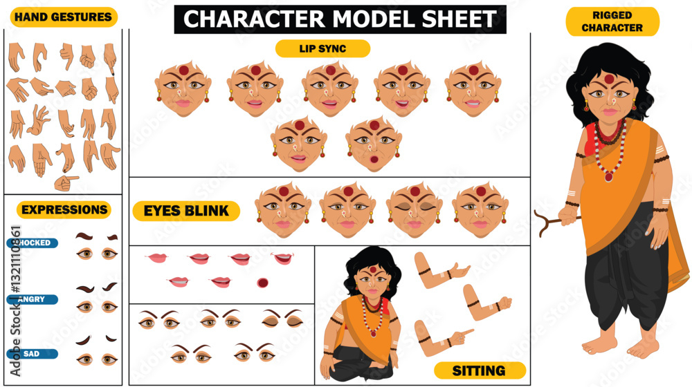 Indian pandit, spritesheet and modelsheet of an indian pandit woman ...