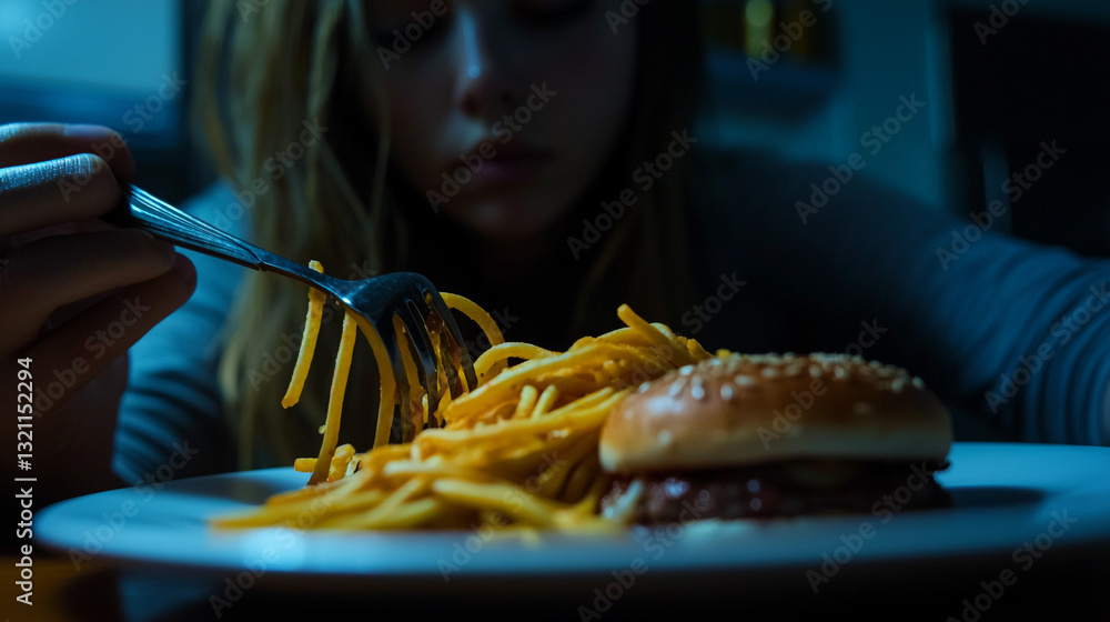 Young woman eating spaghetti and hamburger at night low light dinner ...