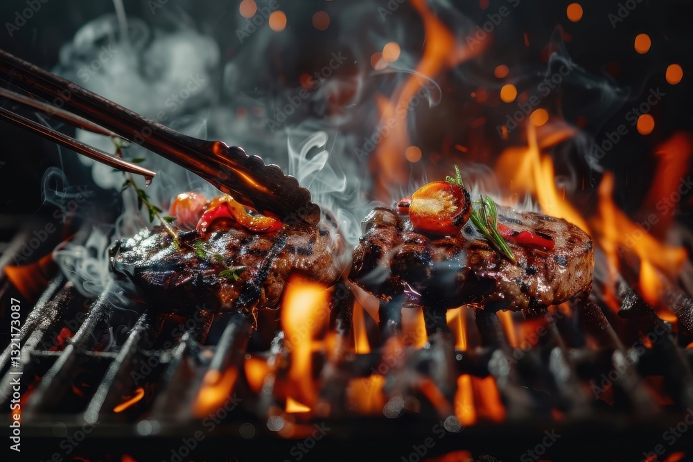 Perfectly grilled steaks with flames and smoke creating a dramatic ...