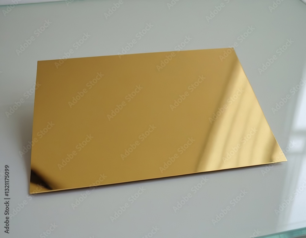 Shiny gold metallic sheet on a reflective surface, showcasing elegance ...