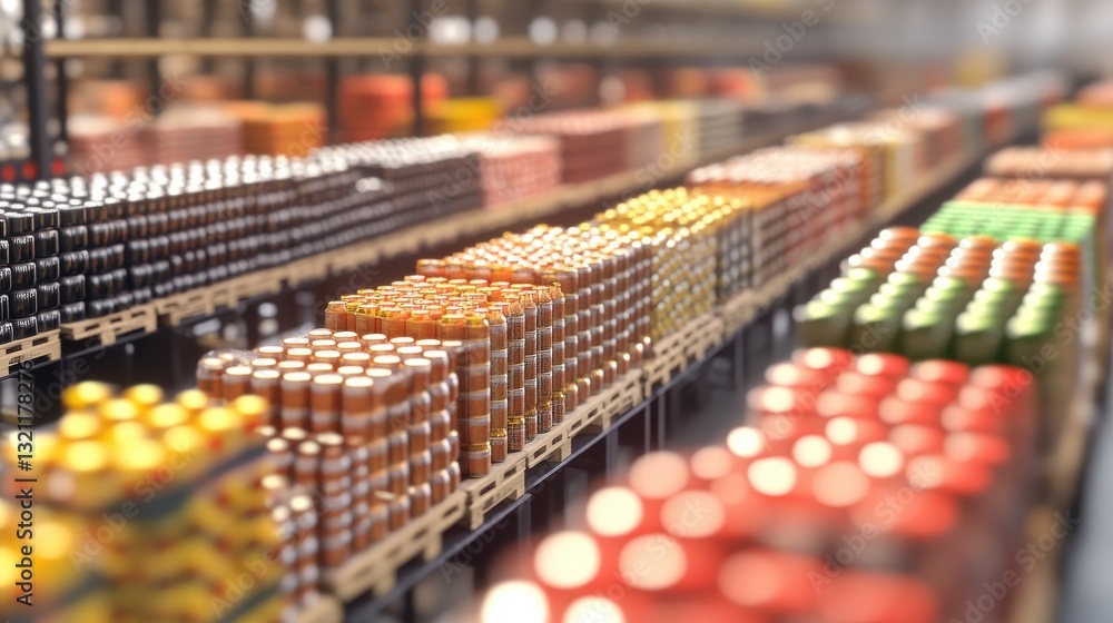 Colorful array of canned goods and beverages on shelves in a modern ...
