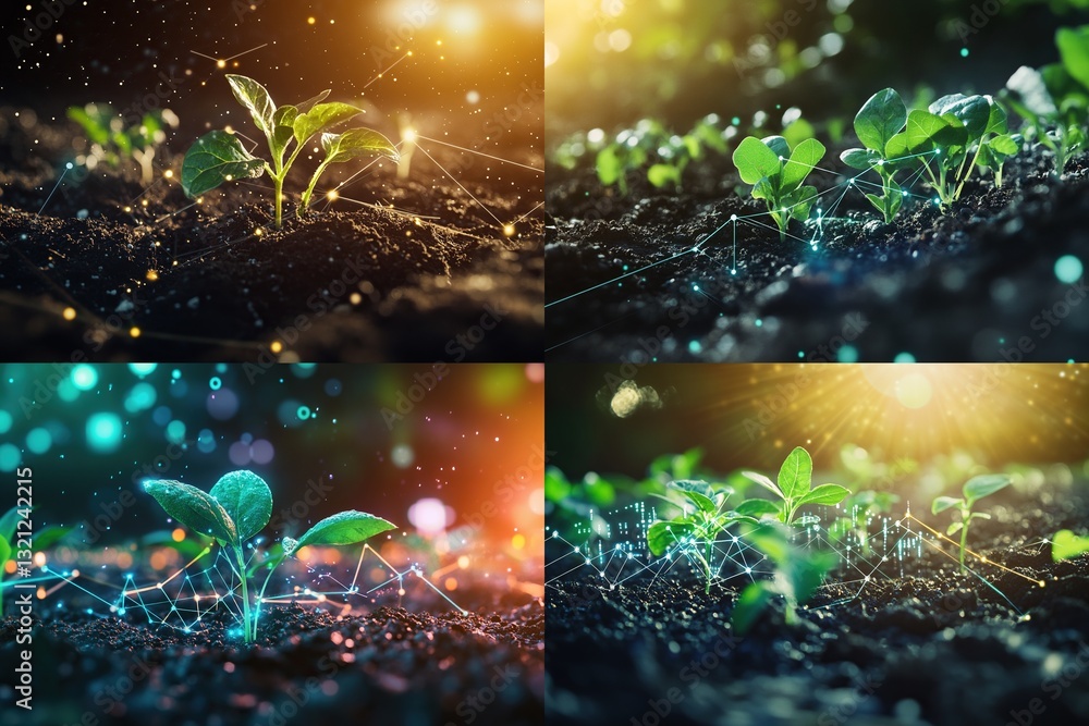 Four vibrant images of seedlings sprouting from rich soil, connected by ...